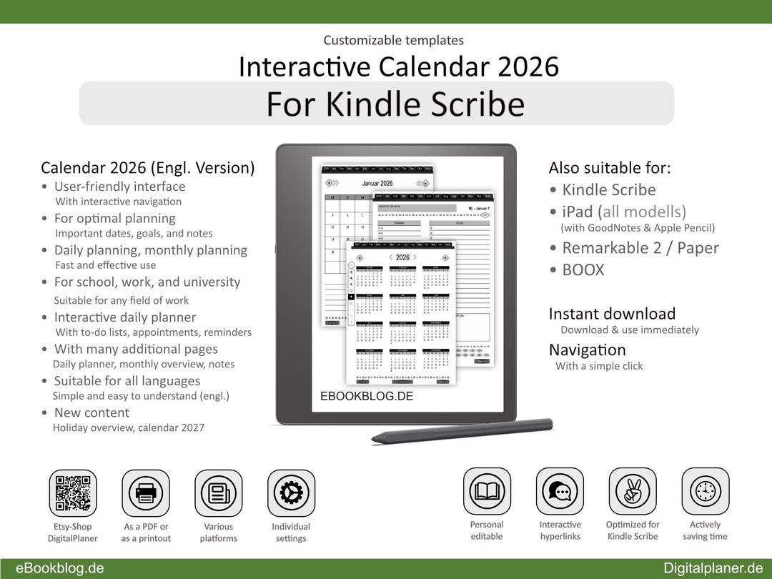 2026 Calendar for Kindle Scribe | Daily Planner | Interactive Planner ...