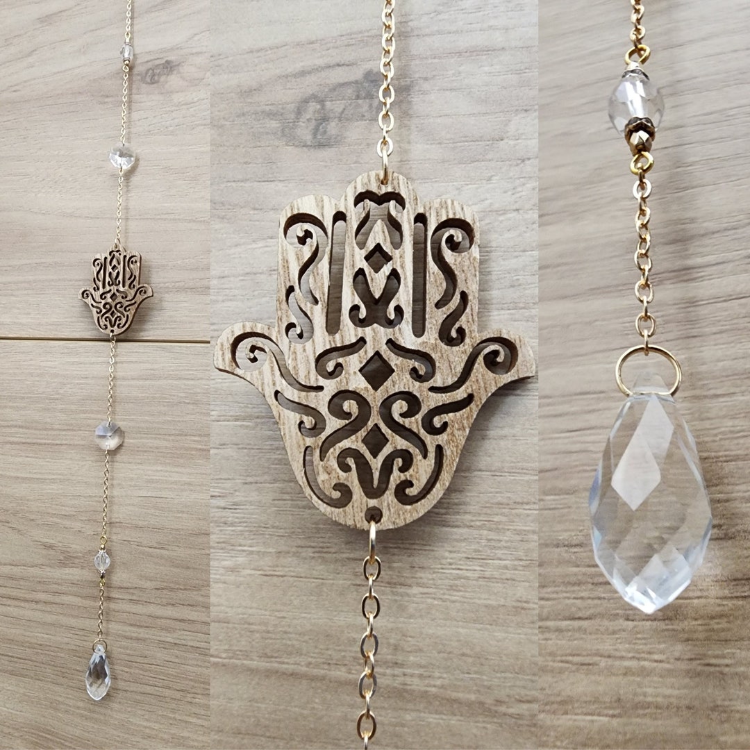 Hasma Hand Suncatcher, Wooden, Gold Chain Crystal Drop, Boho, Home ...