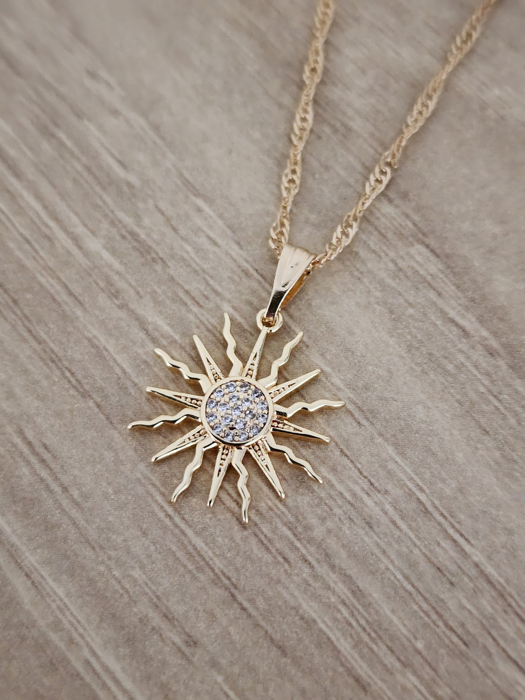 Gold Sun Pendant Necklace, Boho, Celestrial, Wave Chain Design, Zircon ...