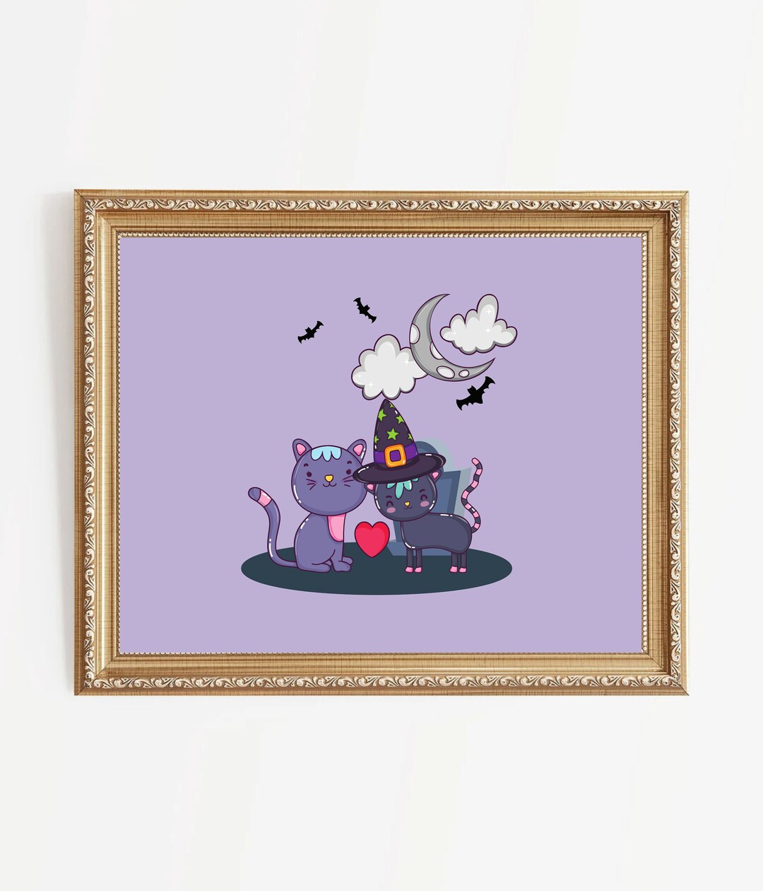 Cute Witchy Cat Friends Wall Art, Witch Cat, Witchy Art, Halloween ...