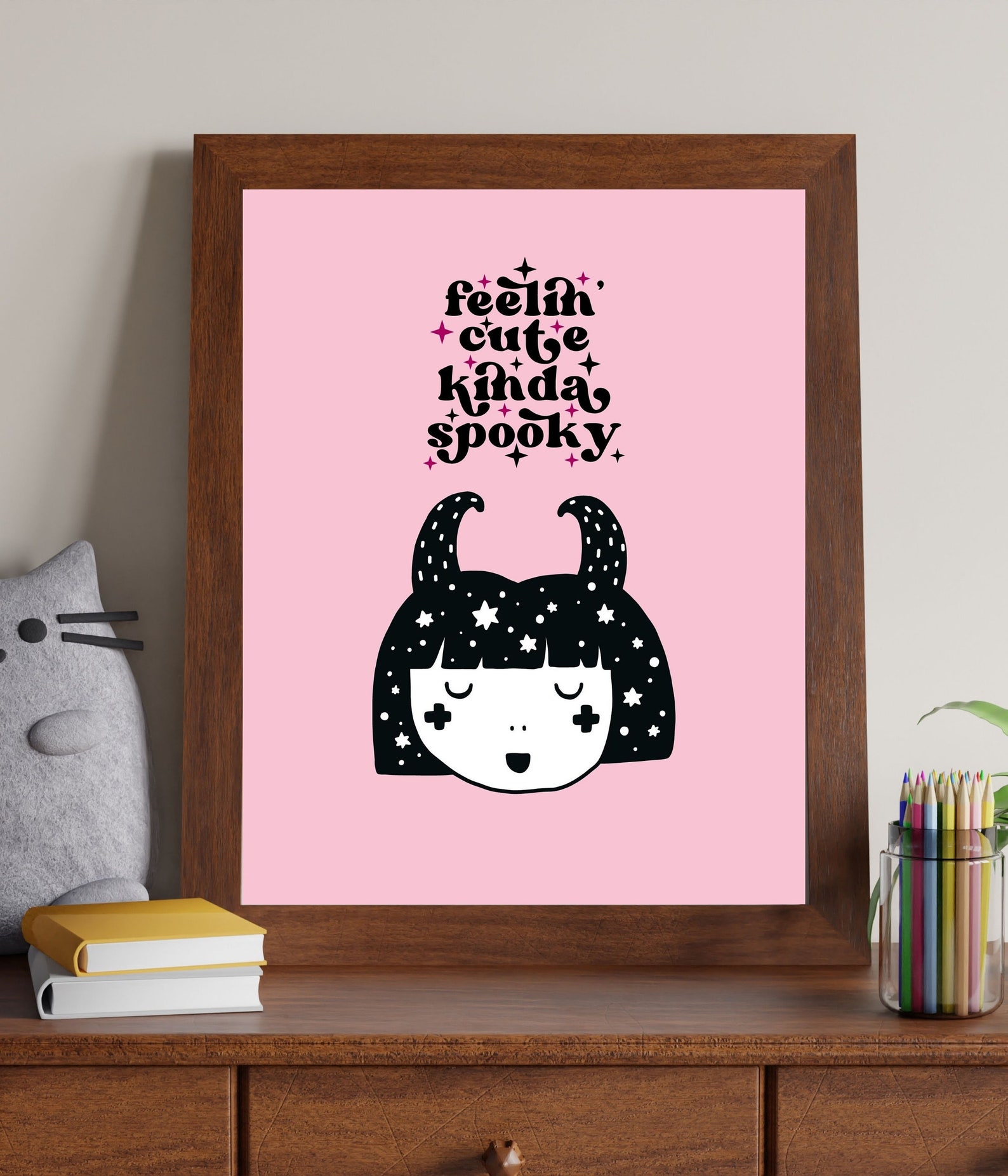 Spooky Girl Pink Art Print - Cute Creepy Art Print - Goth Girl ...