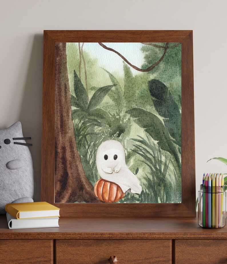 Ghost in Forest Print, Whimsical Illustration, Sad Ghost Art, Woodland ...