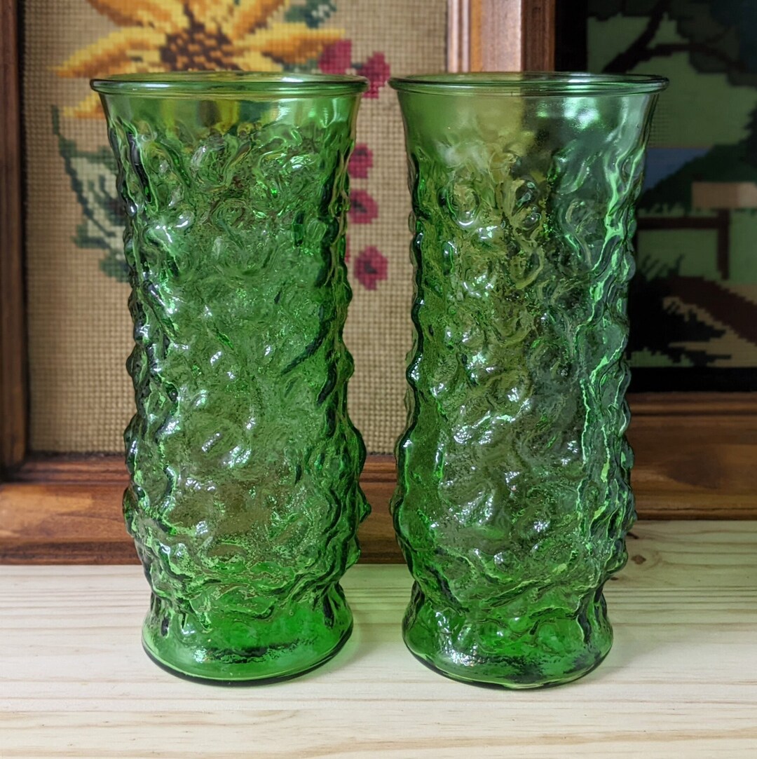 Set of Two 2 Vintage Brody Emerald Green Crinkle Glass Vases E.O. Brody ...