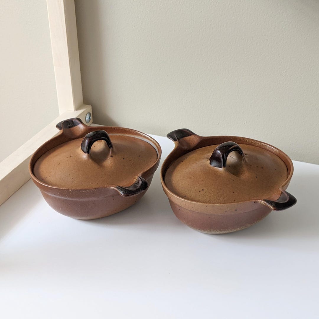 Set of (2) Vintage Brown & Dark Brown Ceramic Stoneware French Covered ...