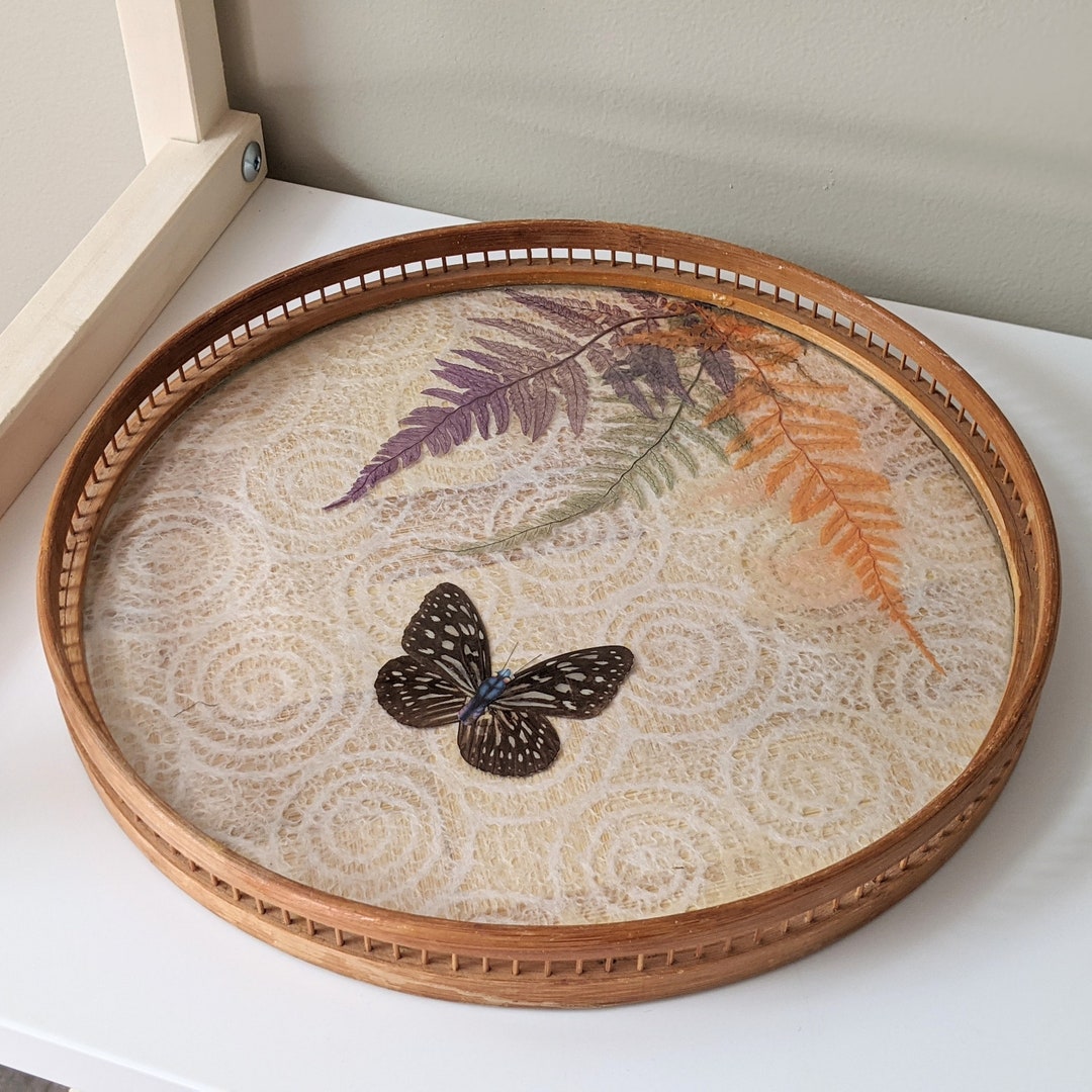 Vintage Bamboo Round Butterfly Tray | White Lace & Multicolored Ferns ...