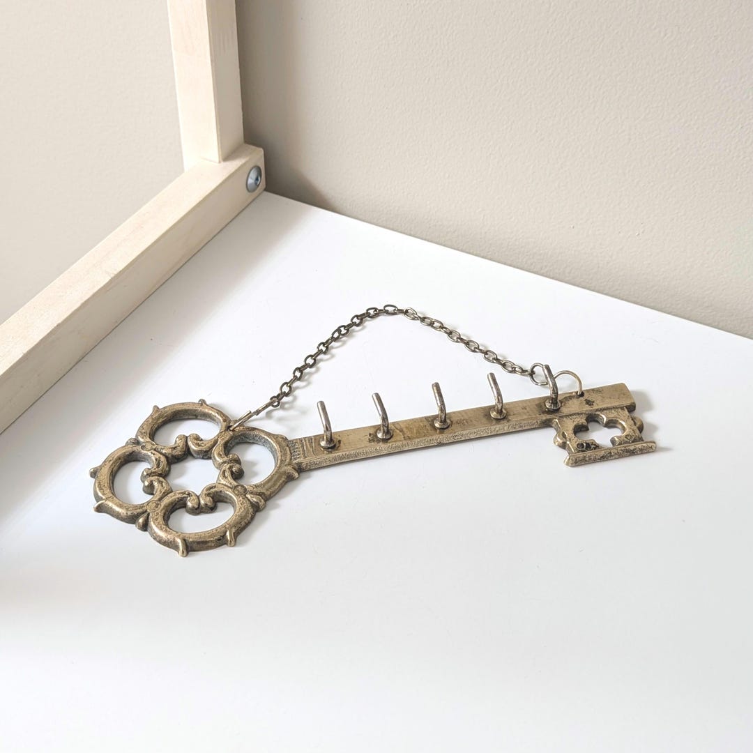 Vintage Brass Wall Key Shaped Key Holder Rack With Five 5 Hooks Mid ...