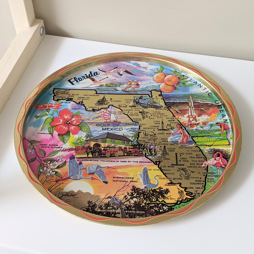Vintage Multicolored Metal Florida Souvenir Tray | Florida Landmarks ...