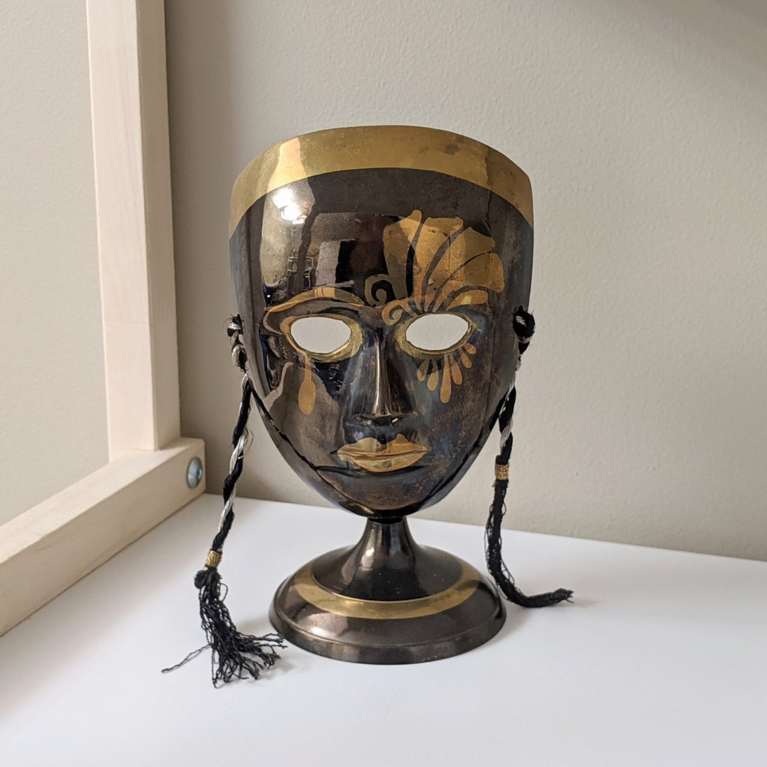 Vintage Metal Theater Pierrot Mask on Stand | Made in India - Etsy