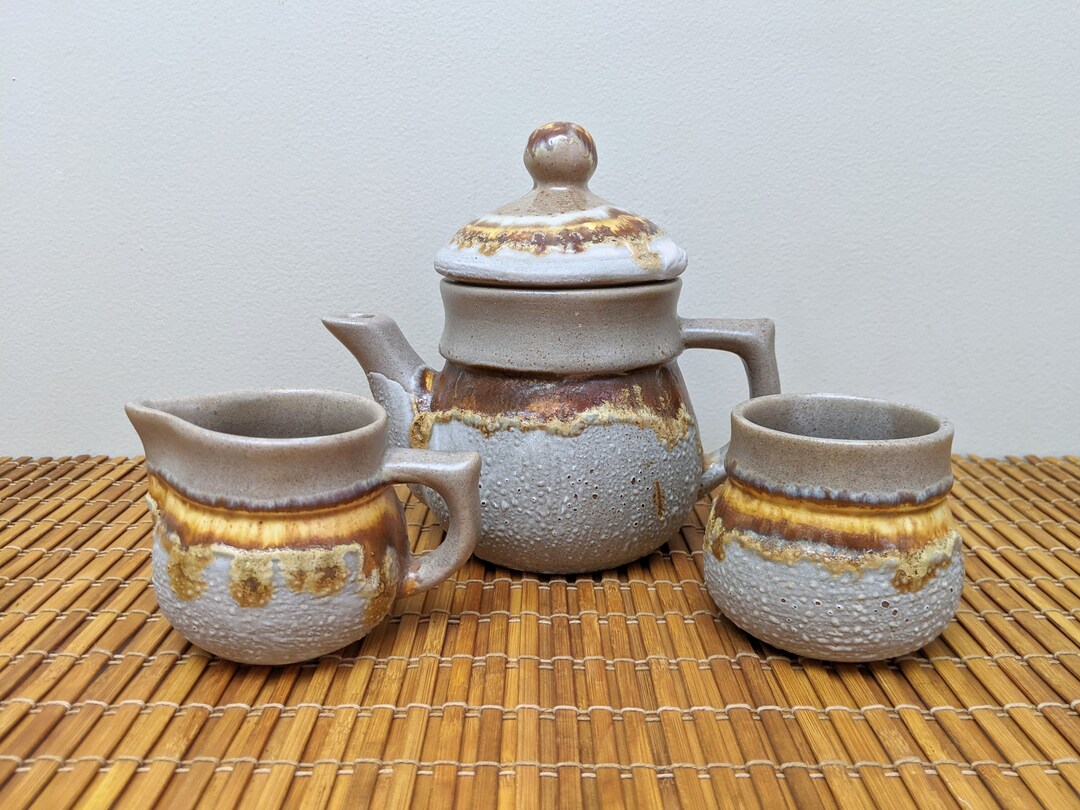 Vintage Mini Tundra Tea Set Teapot Creamer & Sugar Bowl Textured Lava ...