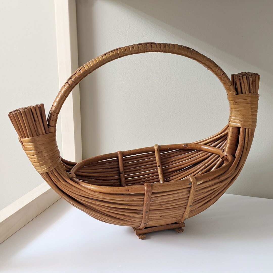 Vintage Handmade Bamboo and Rattan Boat Shaped Fruit Basket With Handle ...