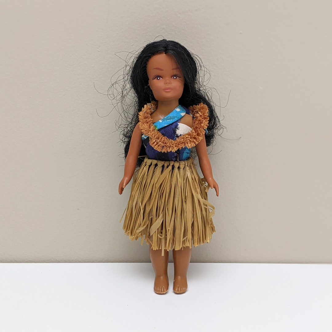 Vintage Hawaiian Luau Hula Doll Black Hair Blue Dress Rafia Skirt - Etsy