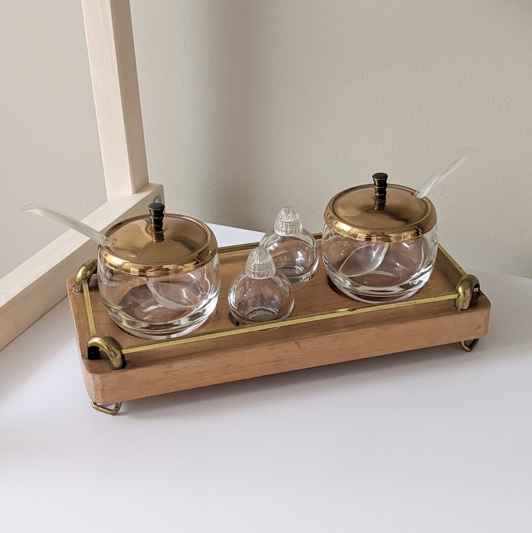 Vintage Irice NY Condiment Caddy | Brass Wood and Glass Condiment ...