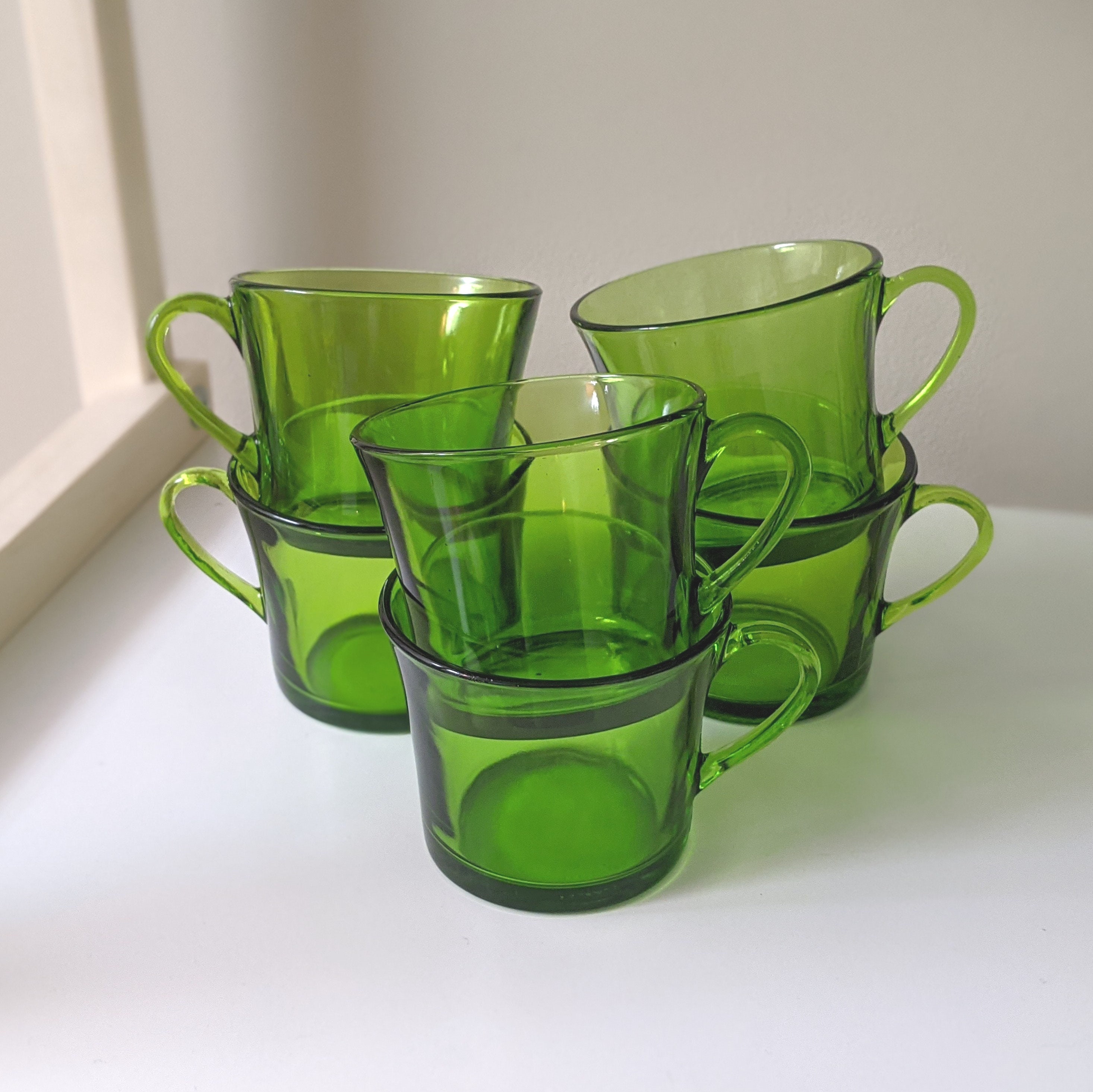 Vintage Green Glass Coffee Mugs by Duralex Made in France 80 s Tableware Two 2 Sets of six 6 Mugs Available