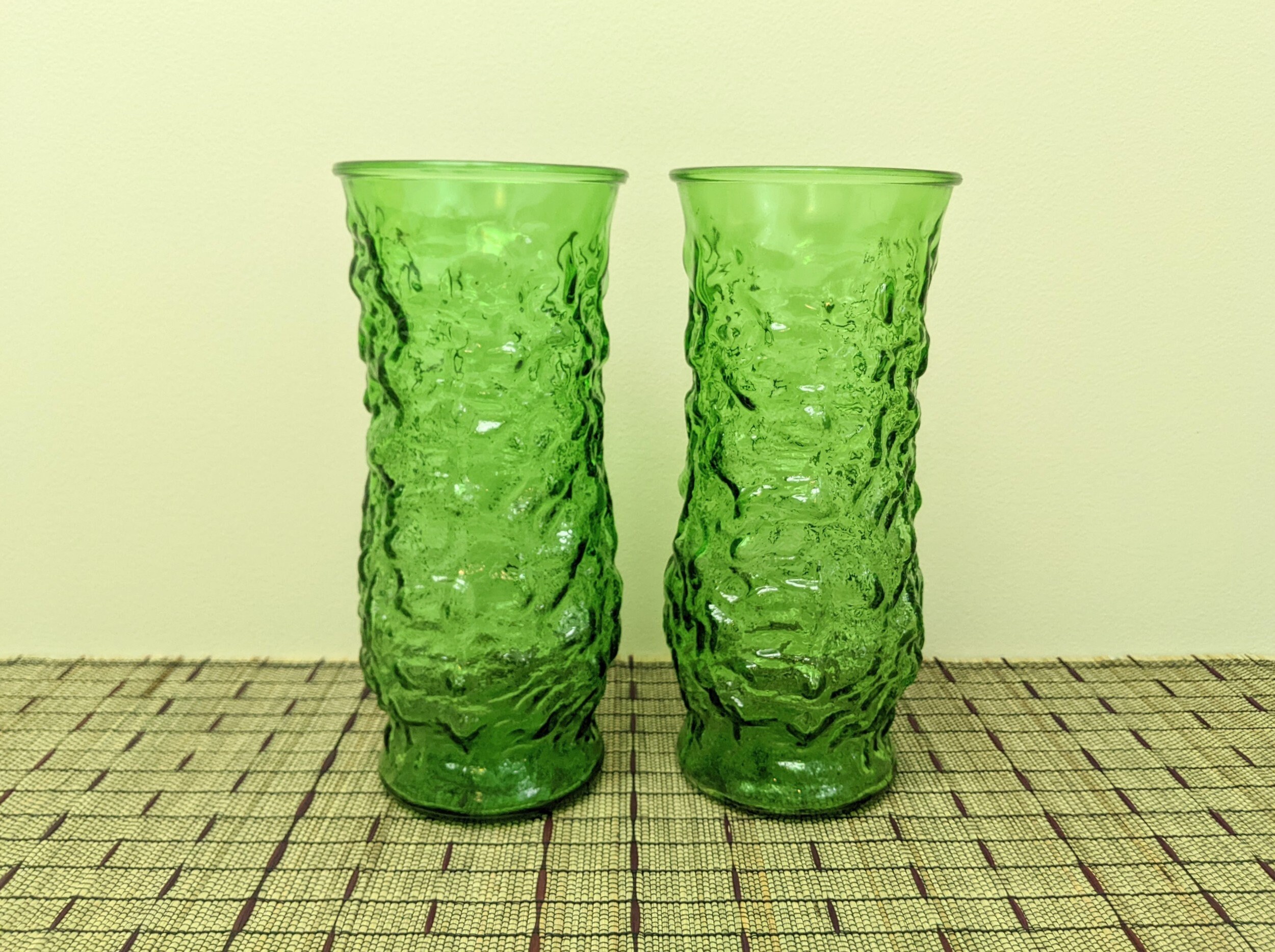 Set of Two 2 Vintage Brody Emerald Green Crinkle Glass Vases E.O. Brody ...