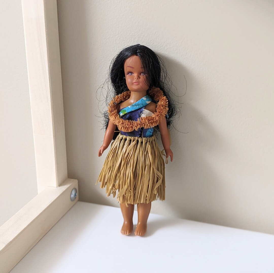 Vintage Hawaiian Luau Hula Doll | Black Hair | Blue Dress | Rafia Skirt ...