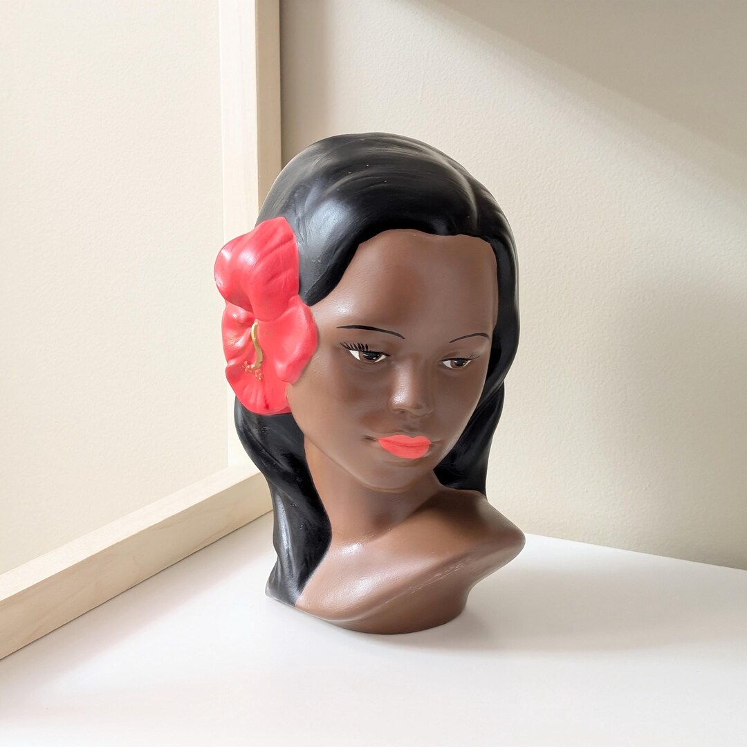 Vintage Hawaiian Polynesian Ceramic Head Bust | Woman With Red Hibiscus ...