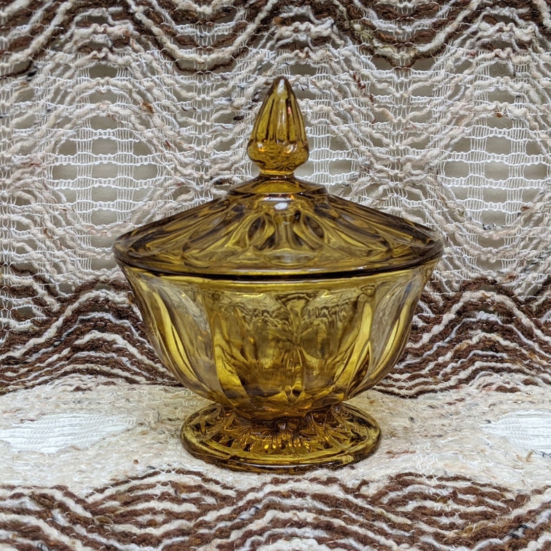 Vintage Amber Glass Footed Candy Dish With Lid Trinket Dish Jewelry ...
