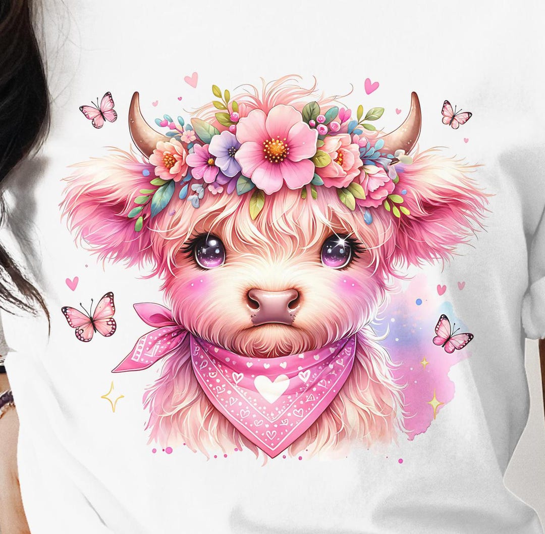 Pink Baby Highland Cow PNG, Cute Floral Bandana Cow Sublimation Design ...
