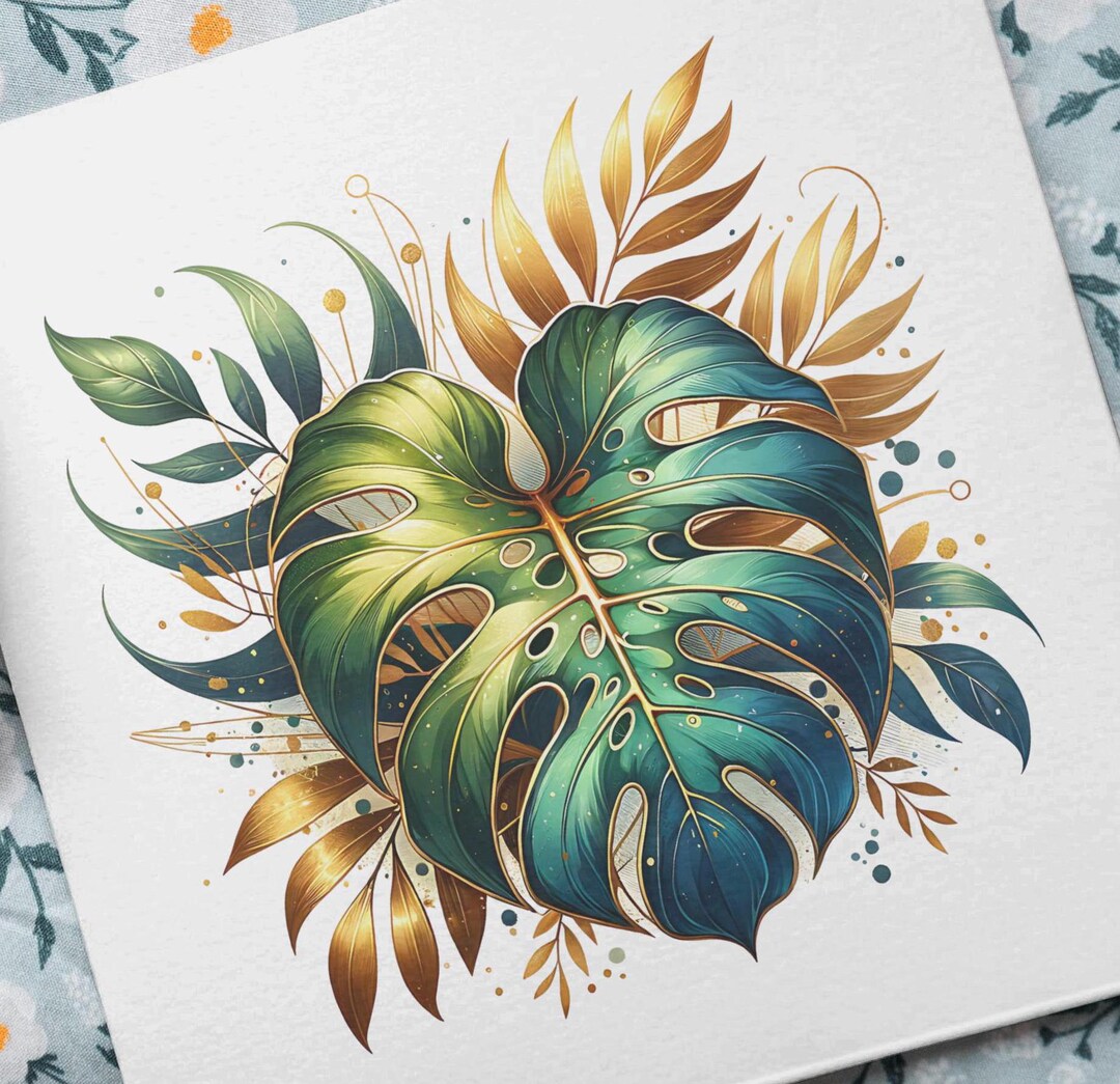Monstera Leaves With Gold Watercolor Style • Digital Art Illustrations ...