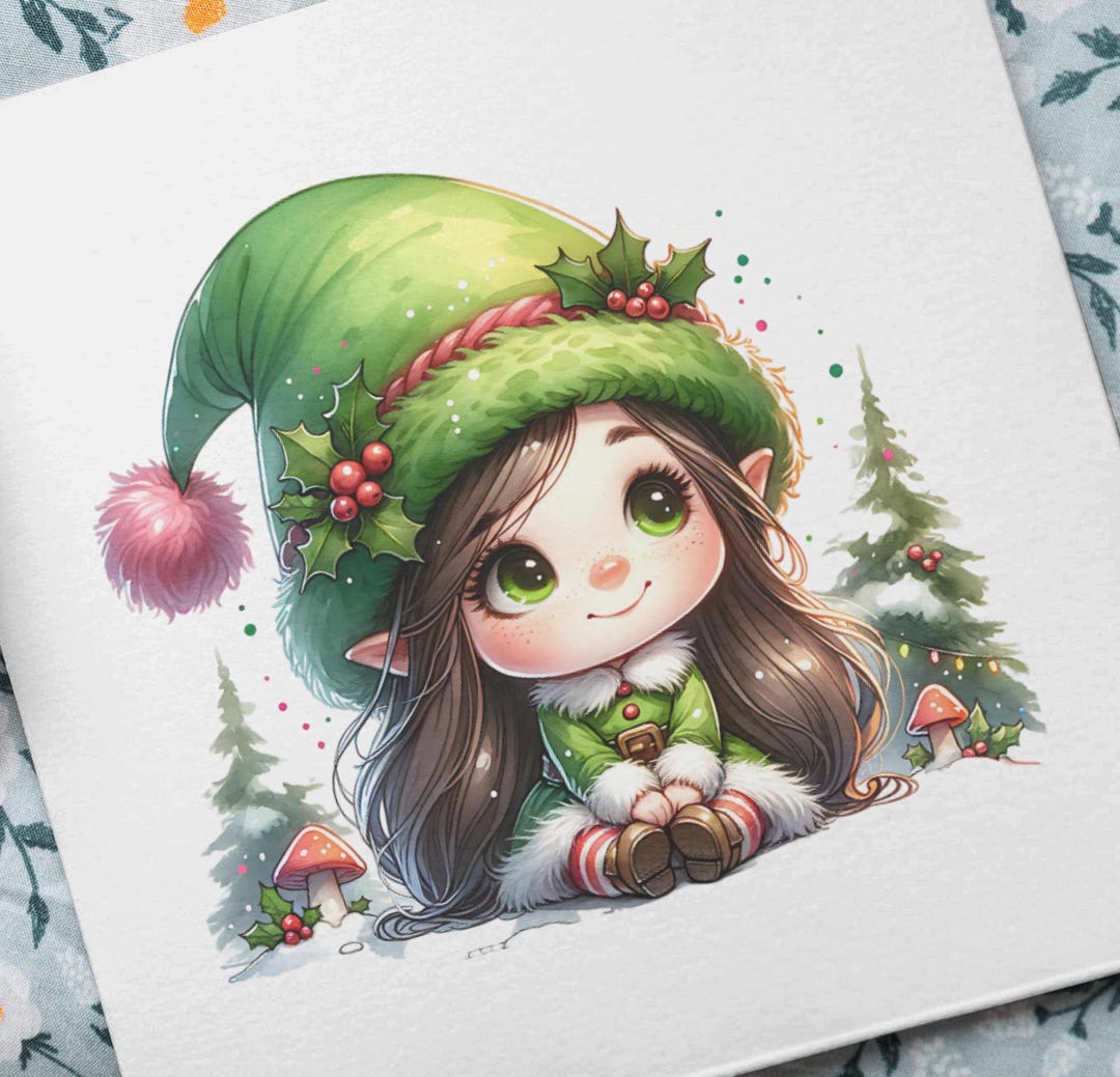12 Cute Girls, Elves With Red, Green and Brown Hats With Christmas ...