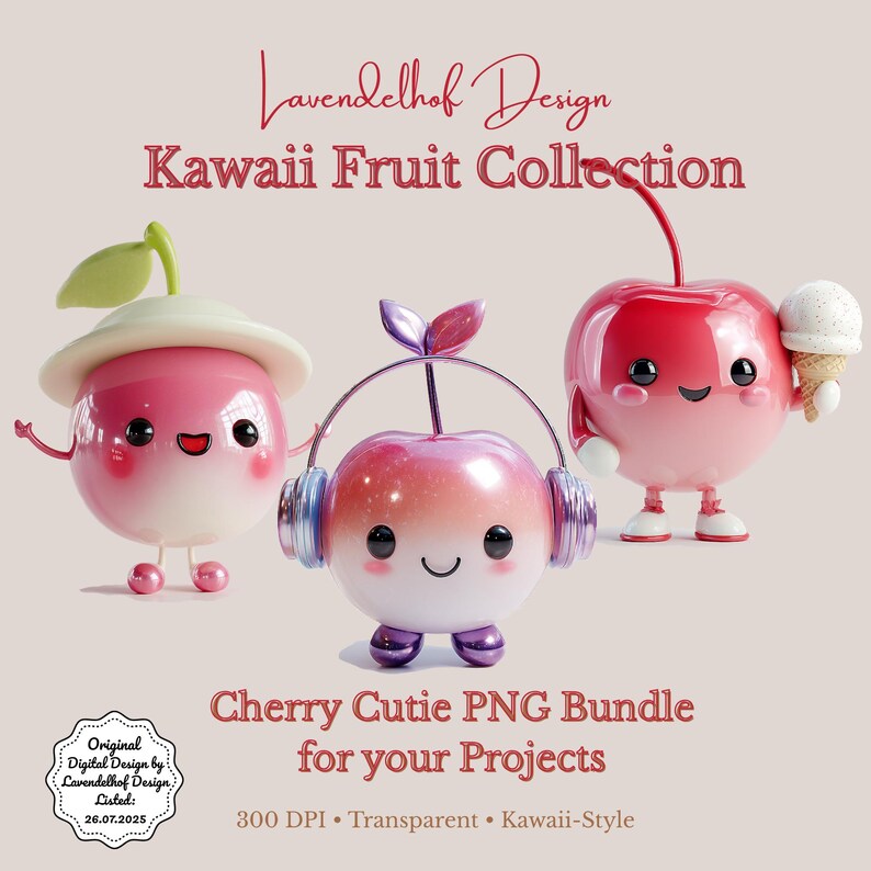 3D Cherry PNG Bundle, Kawaii Fruit Style Summer Clipart Set ...