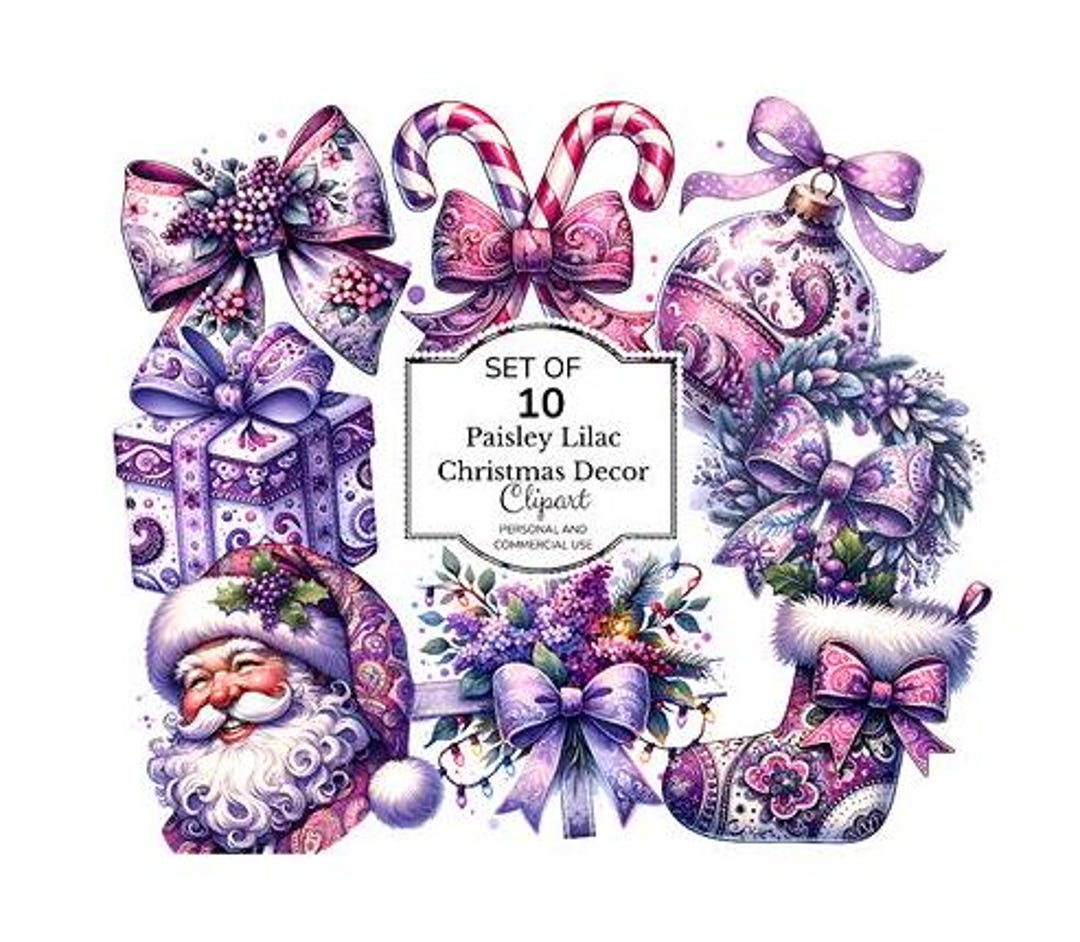 Christmas Ornaments Clipart Set in Grandmillennial Style Paisley Lilac ...