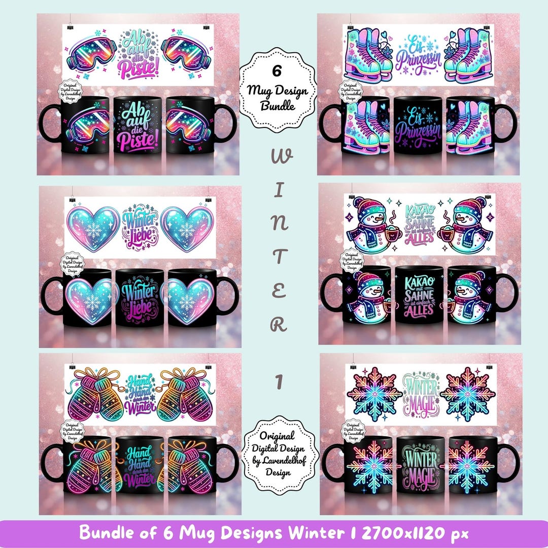 Neon Winter PNG Bundle 11oz Mug Wrap Coffee Cup Sublimation German ...