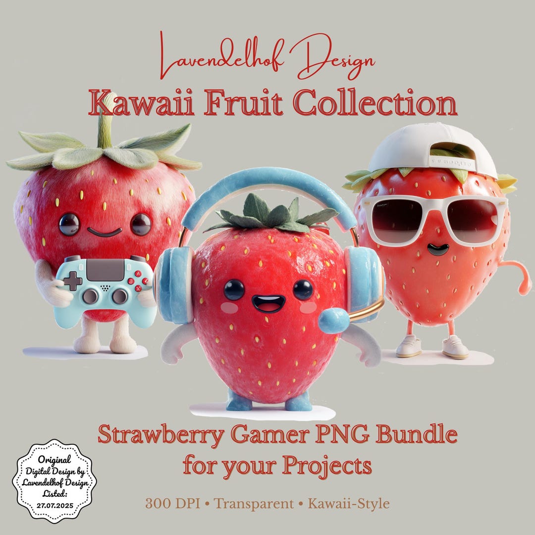 3D Strawberry Gamer PNG Bundle, Kawaii Fruits Style Clipart Set ...