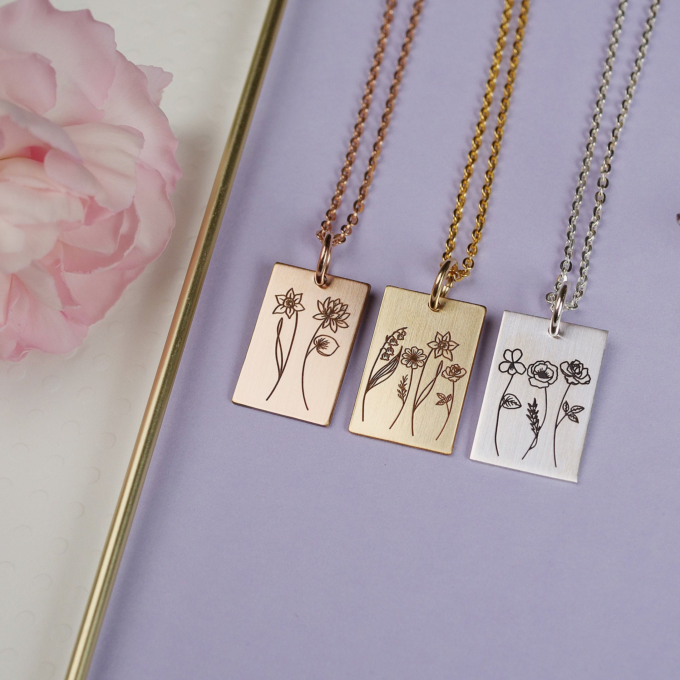 Personalized Birth Flower Necklace • Wildflower Engraved Necklace ...
