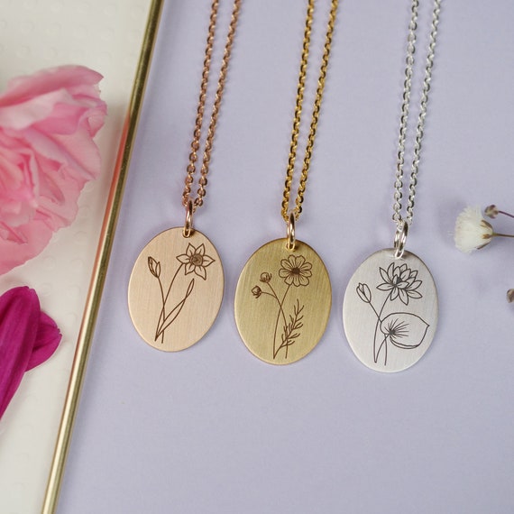 Personalized Birth Flower Necklace Wildflower Engraved - Etsy