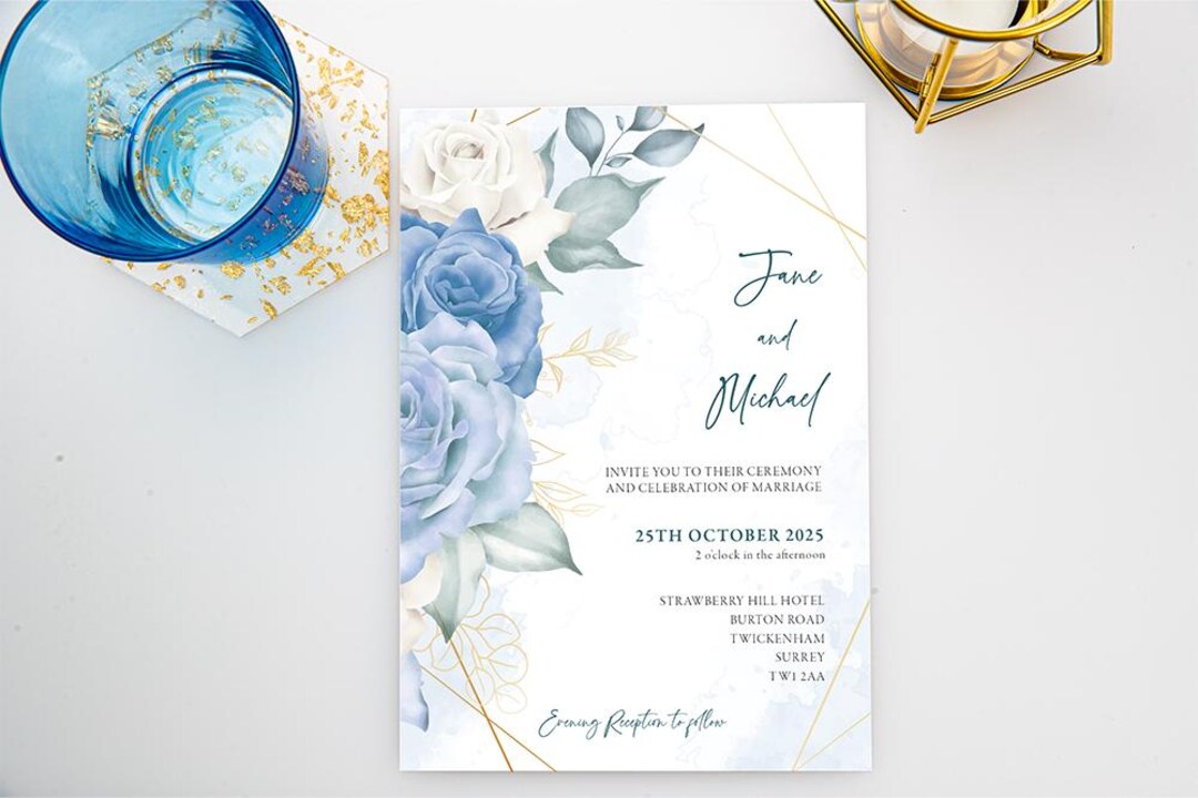 Blue, White & Gold Wedding Invitation | Luxury Printed Wedding Invite ...