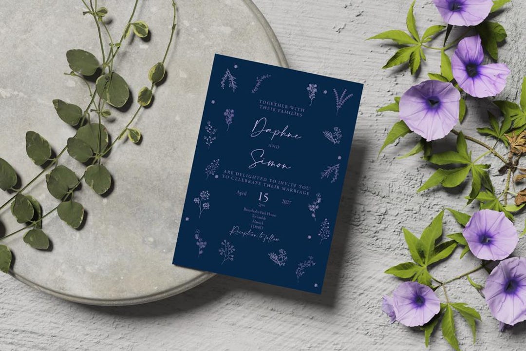 Floral Deep Blue Wedding Invitation | Romantic Printed Invite - Etsy