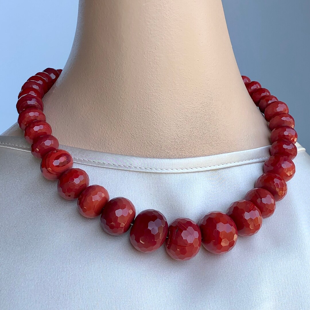 Brilliant Vintage Red Natural Stone Pendant Choker Necklace, Sterling ...