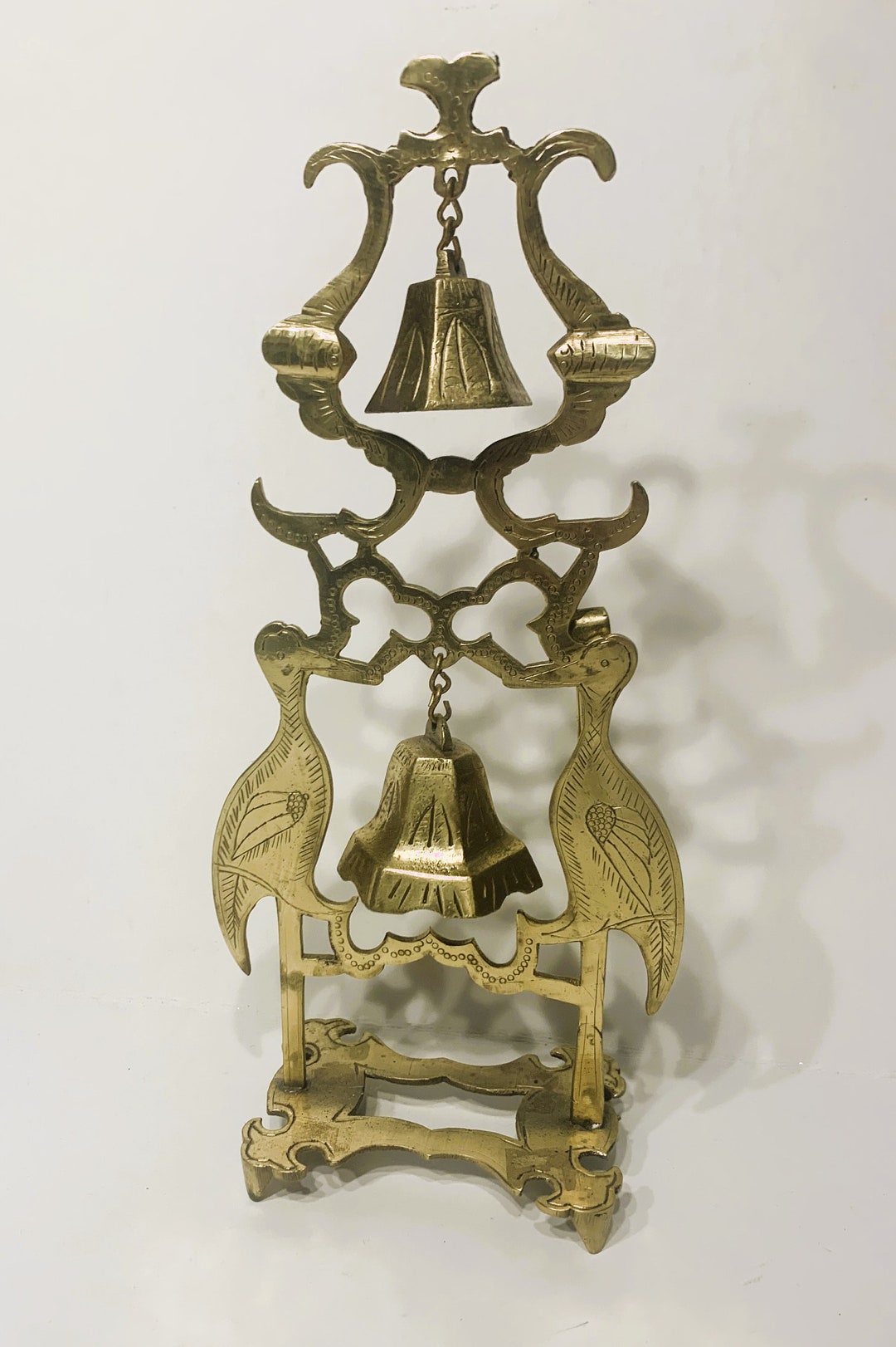 Vintage Chinese Solid Brass Bell With Pair of Cranes Holder and Brass ...