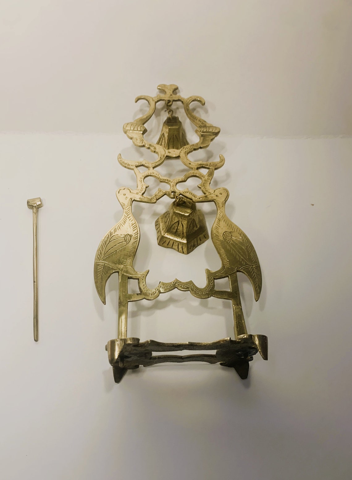 Vintage Chinese Solid Brass Bell With Pair of Cranes Holder and Brass ...