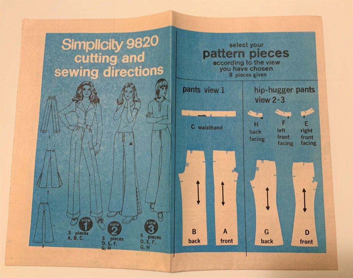 Simplicity Pattern # 9820 Misses Pants and Hip Hugger Bell Bottoms - Etsy