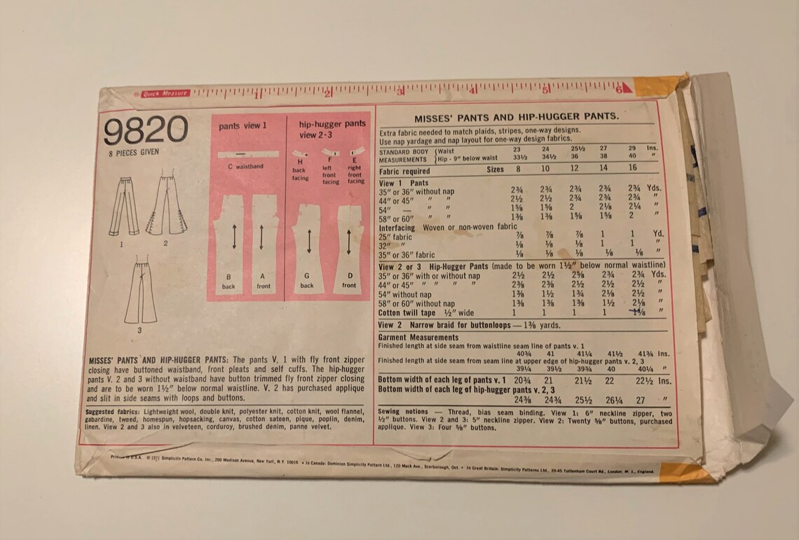 Simplicity Pattern # 9820 Misses Pants and Hip Hugger Bell Bottoms - Etsy