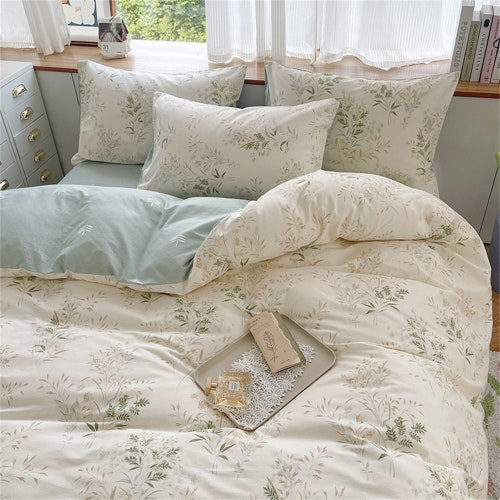 Green Flower Duvet Cover Set Cotton Twin Full Queen King Etsy