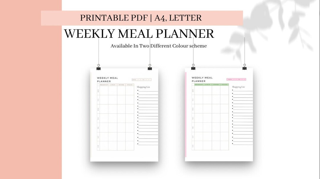 Weekly Meal Planner | Printable Download 2 Pages | A4 & Letter Size - Etsy