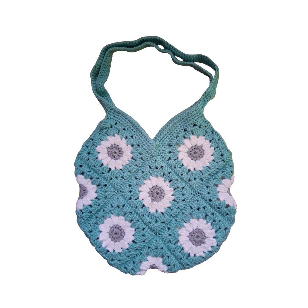 Handmade Crochet Granny Square Bag | Light Sage & White Daisy Motif ...