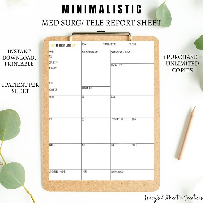 Nursing Report Sheet, Nurse Brain Sheet, Medsurg Telemetry Nursing ...