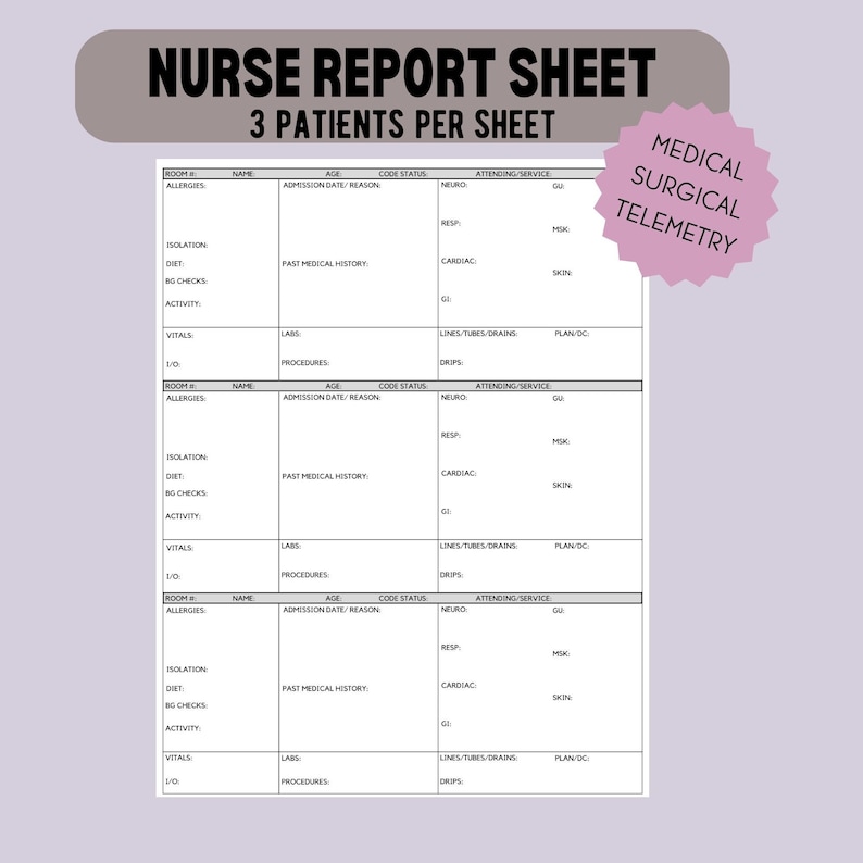 Nursing Report Sheet, Nurse Brain, Three 3 Patients, RN Handoff Tool ...