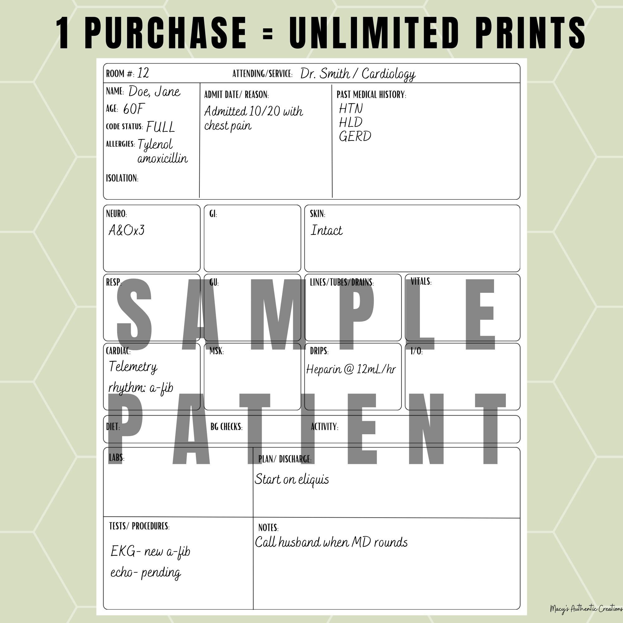 Nurse Report Sheet, RN Handoff Tool, Medical Surgical Telemetry ...