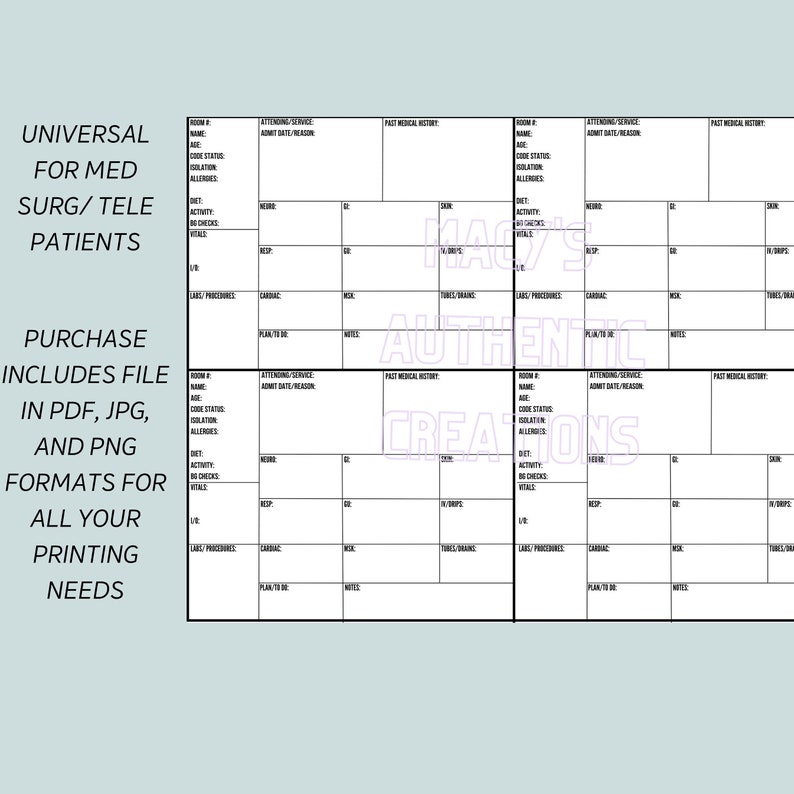 Med Surg Nurse Report Sheet Four Patients, Nursing Handoff Tool, Nurse ...
