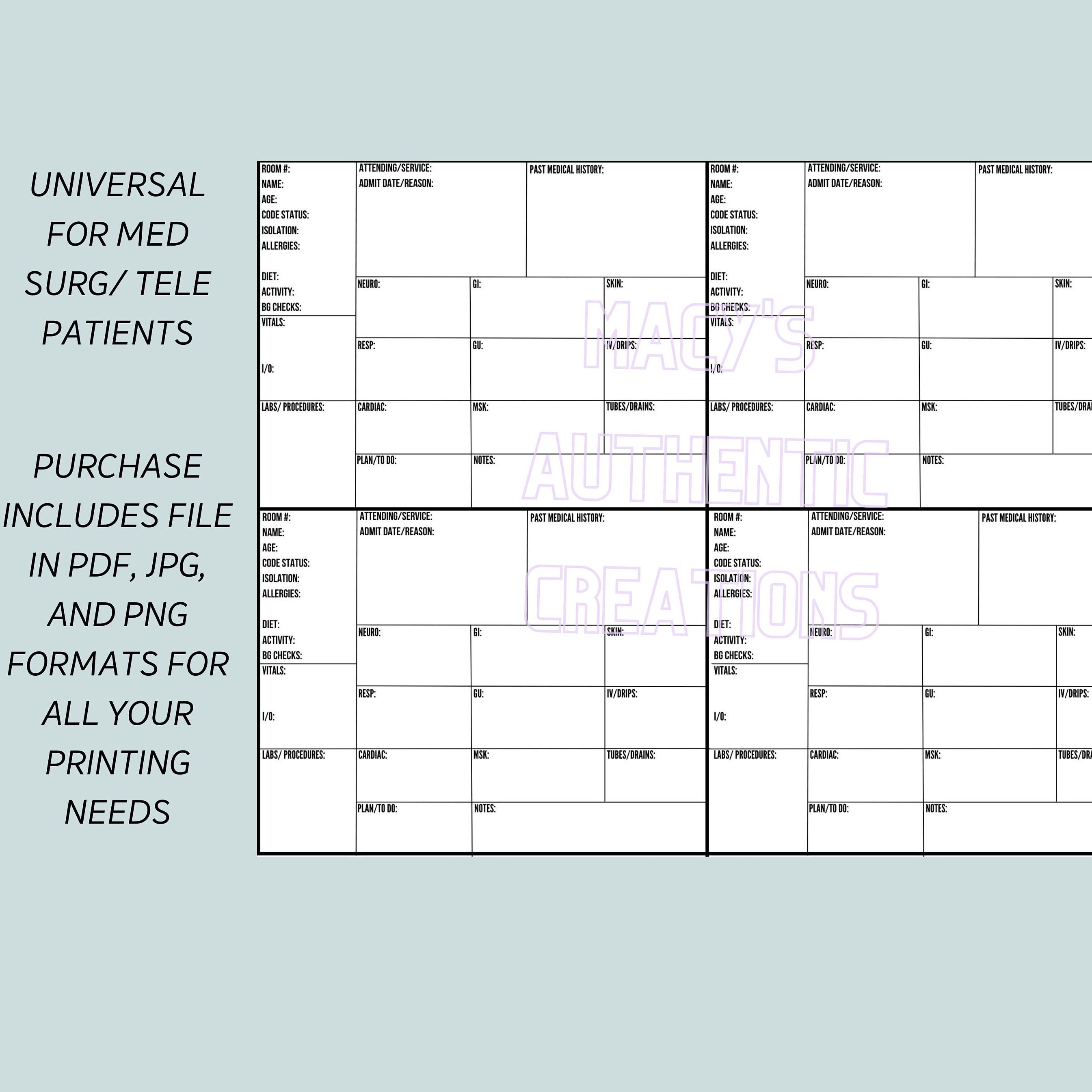 Med Surg Nurse Report Sheet Four Patients, Nursing Handoff Tool, Nurse ...