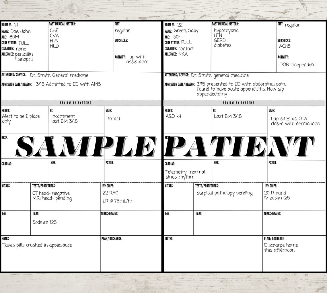 Nursing Report Sheet, Nurse Brain Sheet, Med Surg Telemetry, Nursing ...