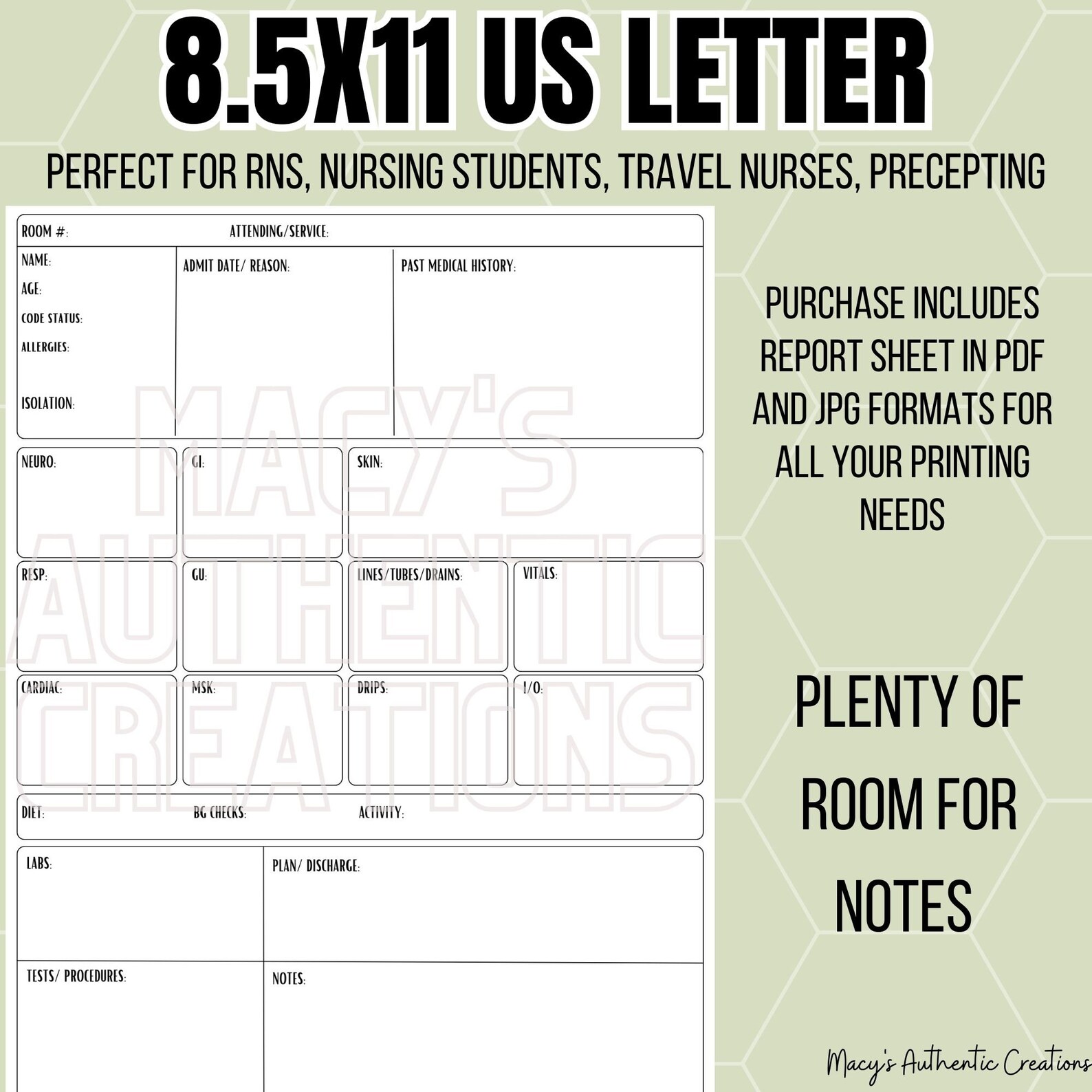 Nurse Report Sheet, RN Handoff Tool, Medical Surgical Telemetry ...