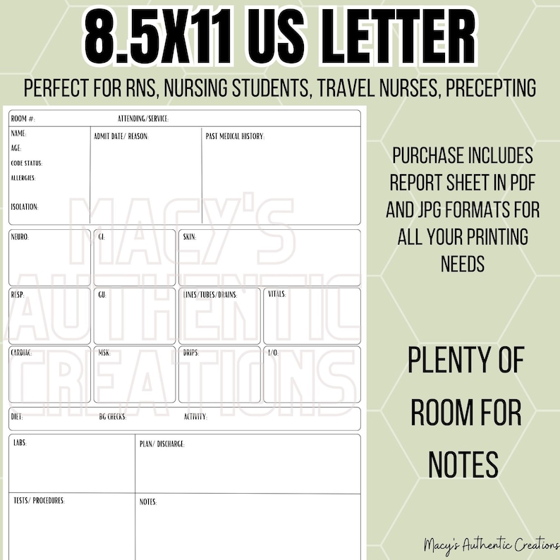 Nurse Report Sheet, RN Handoff Tool, Medical Surgical Telemetry ...