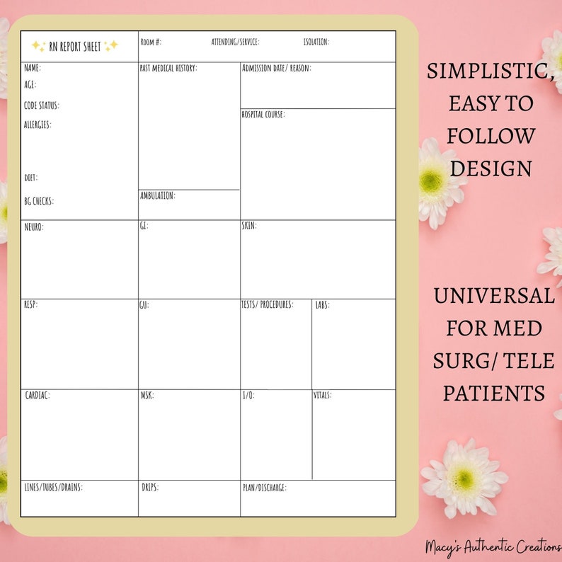 Nursing Report Sheet Nurse Brain Sheet Medsurg Telemetry - Etsy Canada