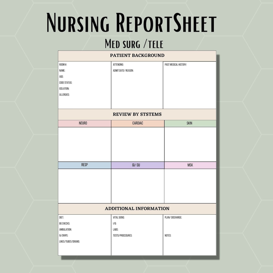 Nursing Report Sheet, Nurse Brain Sheet, Nursing Notes, Med Surg Notes ...